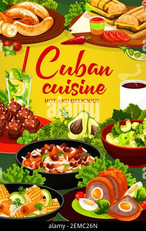 Cuban cuisine vector poster. Cuban restaurant meat meals and veggie ...