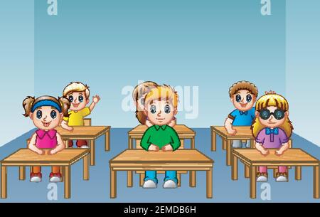 Cartoon classmates sitting together in classroom vector illustration ...