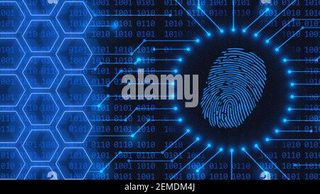 Fingerprint logo with information connecting lines on binary code background - scanning ...