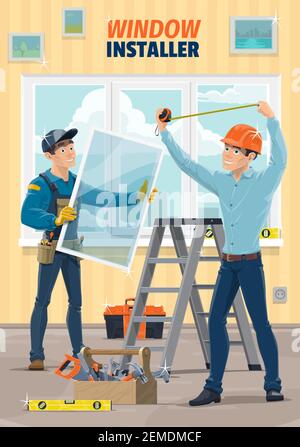 Workers install glass window at house. Construction and repair works ...