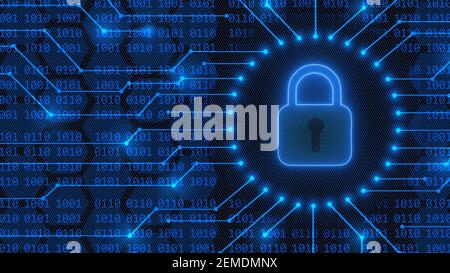 Padlock logo - abstract background in blue of 4-digit binary code behind glowing information ...