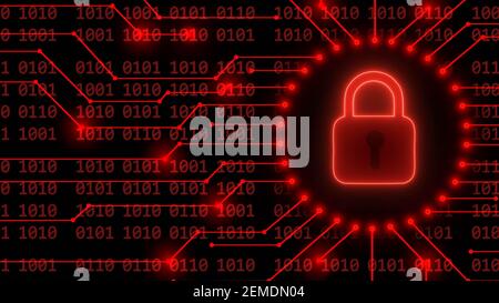 Padlock logo - abstract background in blue of 4-digit binary code behind glowing information ...