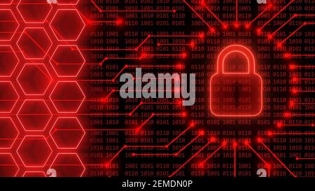 Padlock logo - abstract background in blue of 4-digit binary code behind glowing information ...