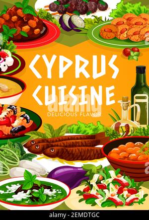 Cyprus cuisine vector menu avgolemno, zucchini meatballs, salad with ...