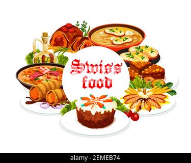 Swiss cuisine food, dishes and meals menu, vector Switzerland ...