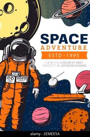 Space research and galaxy exploration mission retro poster. Shuttle ...