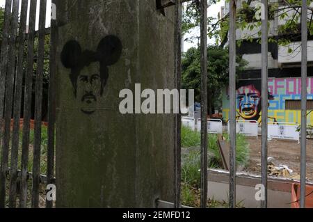 Graffiti stencil on the Monaco’s building fence with Escobar’s face and ...