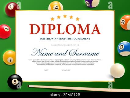Diploma for billiard tournament winner, certificate of participation ...