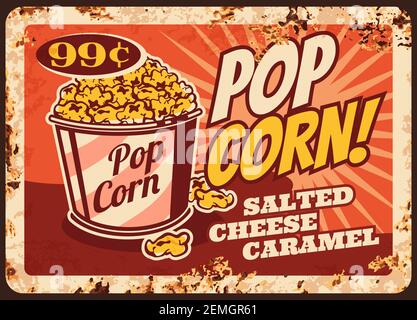 Popcorn rusty metal plate, vector bucket full of tasty pop corn vintage ...