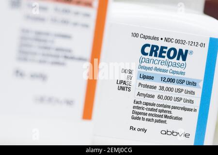 Bottles of Creon (pancrelipase) prescription pharmaceuticals ...
