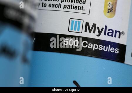 A Mylan logo is seen on prescription pharmaceutical packaging ...