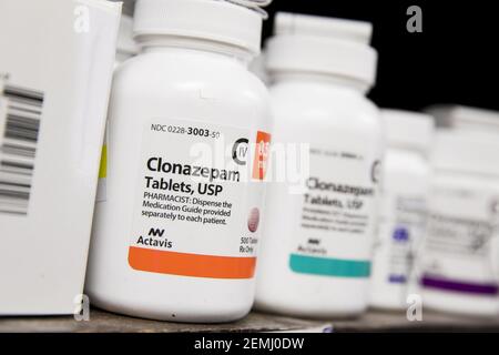 Bottles of Clonazepam prescription pharmaceuticals photographed in a ...
