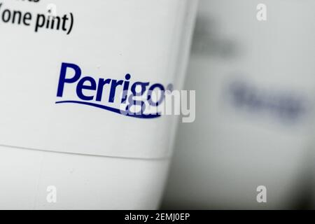 A Perrigo Company logo is seen on prescription pharmaceutical packaging ...
