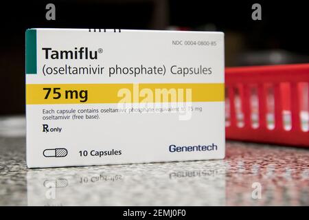 A package of Tamiflu (Oseltamivir) prescription pharmaceuticals ...