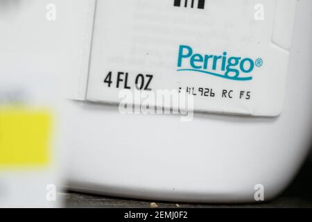 A Perrigo Company logo is seen on prescription pharmaceutical packaging ...