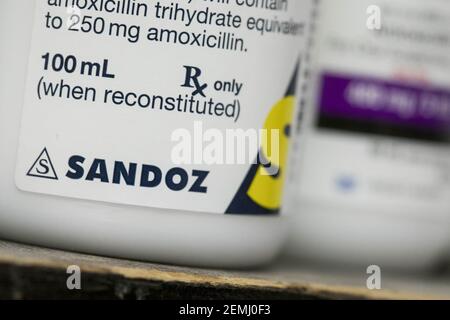 A Sandoz logo is seen on prescription pharmaceutical packaging ...