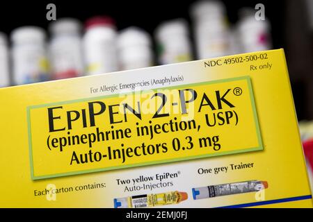 A package containing EpiPen (Epinephrine) prescription pharmaceuticals ...