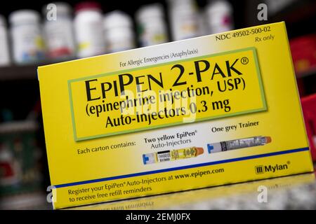 A package containing EpiPen (Epinephrine) prescription pharmaceuticals ...