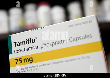 A package of Tamiflu (Oseltamivir) prescription pharmaceuticals ...