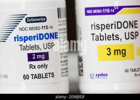 Bottles of Risperidone prescription pharmaceuticals photographed in a ...
