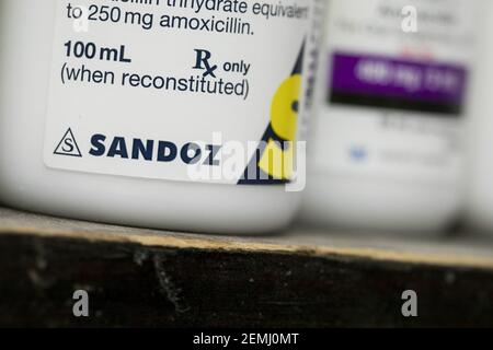 A Sandoz logo is seen on prescription pharmaceutical packaging ...