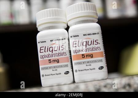 Bottles of Eliquis (Apixaban) prescription pharmaceuticals photographed ...