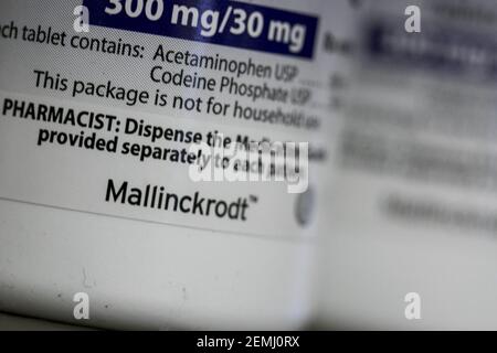 A Mallinckrodt Pharmaceuticals logo is seen on prescription ...