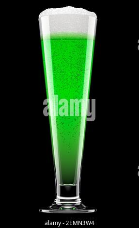 Frosty glass of draft green beer with bubble froth isolated on black ...