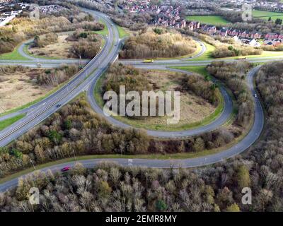 An aerial view of a large Clover Leaf road junction between the A448 ...