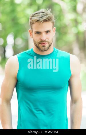 Attractive guy muscular chest. Proud of excellent shape. Muscular ...