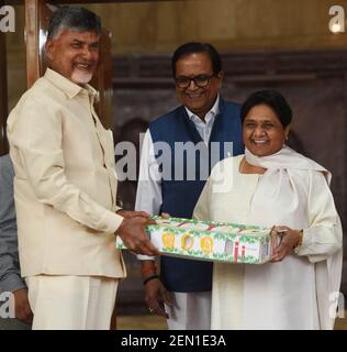 Telugu Desam Party (TDP) President N. Chandrababu Naidu, left, displays the victory symbol to ...