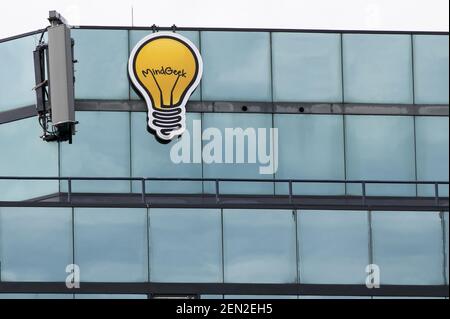 A logo sign outside of the headquarters of MindGeek in Montreal, Quebec ...