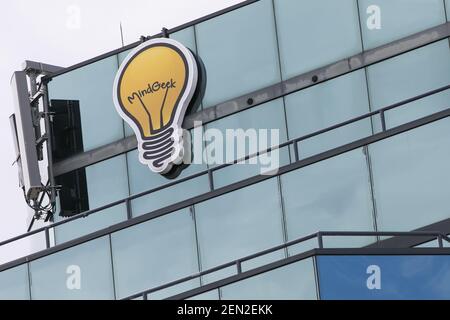 A logo sign outside of the headquarters of MindGeek in Montreal, Quebec ...