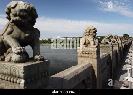 A view of the Lugou Bridge, also known as the Marco Polo Bridge, in ...