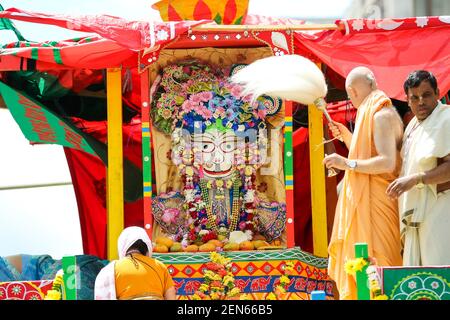 Hare Krishna priest on a procession juggernaut, Brighton & Hove ...