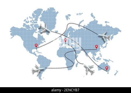 Airline Plane Flight Paths Travel Plans Map and world map Stock Photo ...