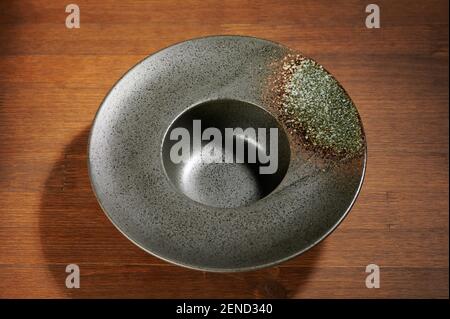 Perspective view of empty plate on cement background. Empty space for ...
