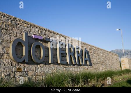 A logo sign outside of the headquarters of doTerra in Pleasant Grove ...