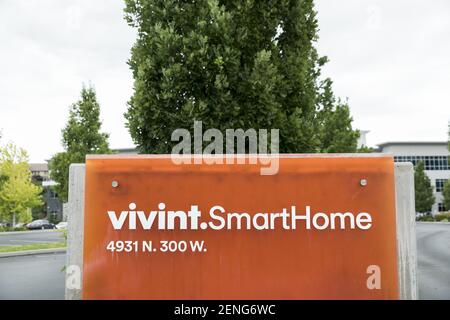 A logo sign outside of the headquarters of Vivint Smart Home in Provo ...
