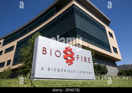 A logo sign outside of the headquarters of BioFire Diagnostics in Salt ...