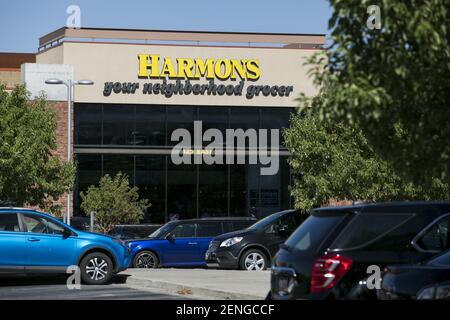 A logo sign outside of a Harmons retail grocery store location in Lehi, Utah on July 30, 2019 ...