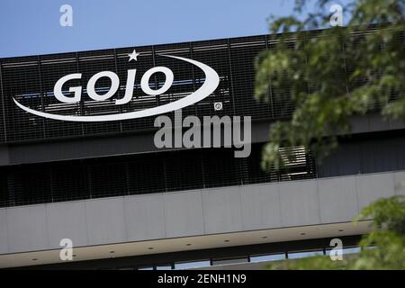A logo sign outside of the headquarters of GOJO Industries in Akron ...