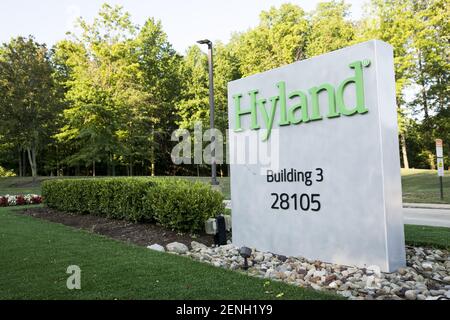 A logo sign outside of the headquarters of Hyland Software in Westlake ...
