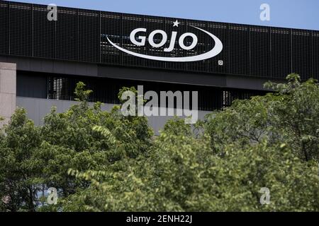 A logo sign outside of the headquarters of GOJO Industries in Akron ...