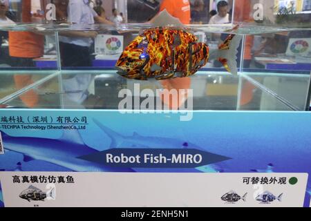 A robot Fish-Miro developed by Hi-Techpia Technology (Shenzhen) Co., Ltd. is displayed during ...