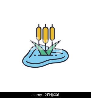 Pond with reeds icon, color, line, outline vector sign, linear style ...