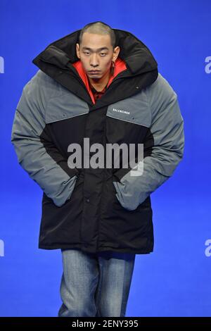 Model Zhuo walking on the runway during the Balenciaga Ready to Wear ...
