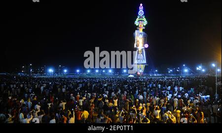 CHANDIGARH, INDIA - OCTOBER 8: A 221 feet high Ravana effigy is burnt ...