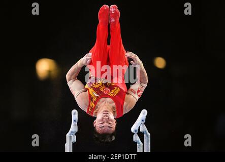 October 11, 2019: Wei Sun of China competing in parallel bars for men ...