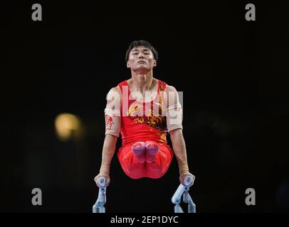 October 11, 2019: Wei Sun of China competing in parallel bars for men ...